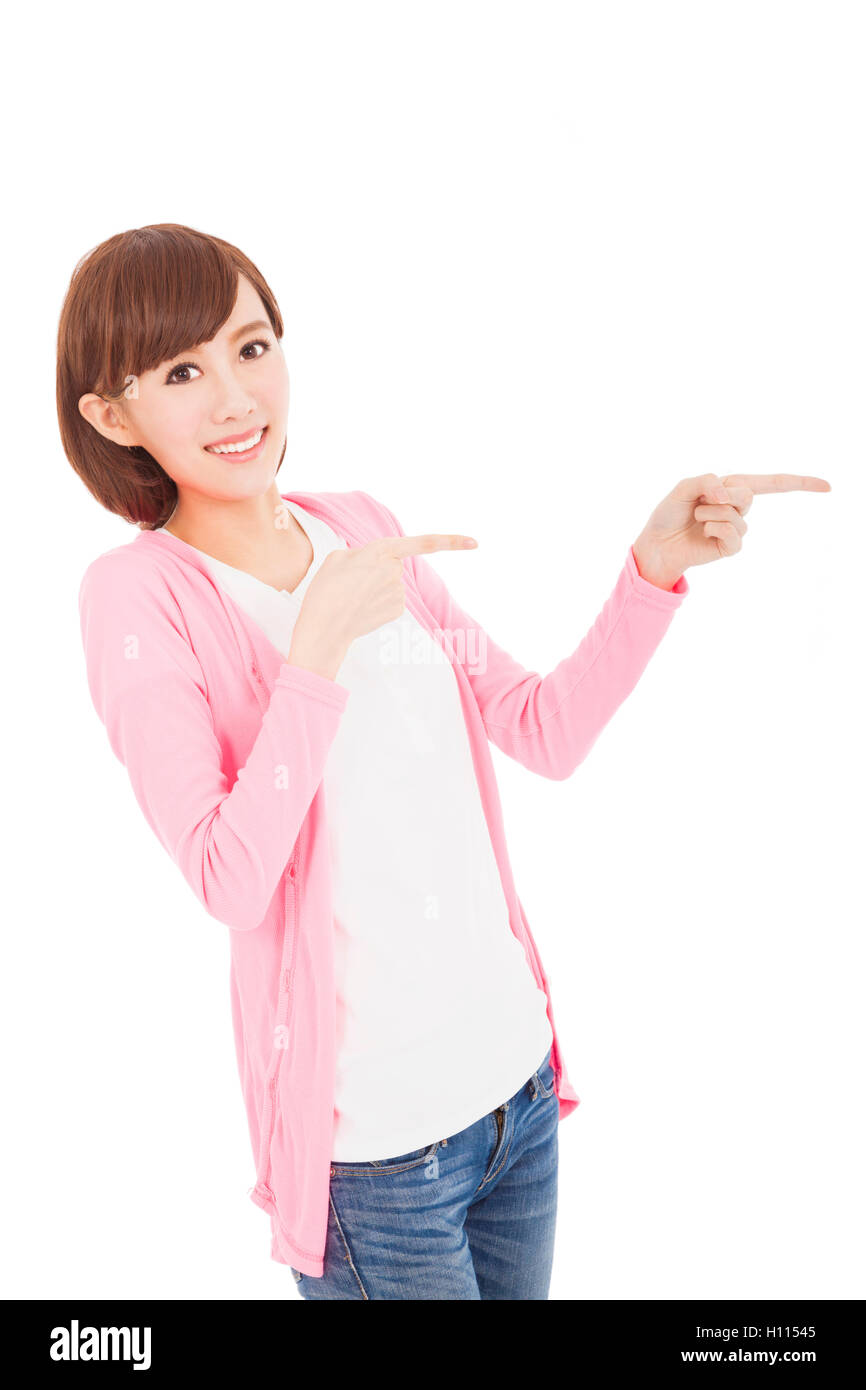 young woman finger pointing something Stock Photo - Alamy