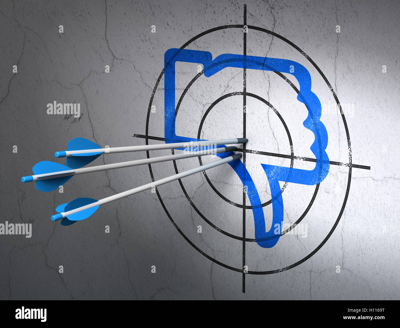 Social media concept: arrows in Thumb Down target on wall background ...
