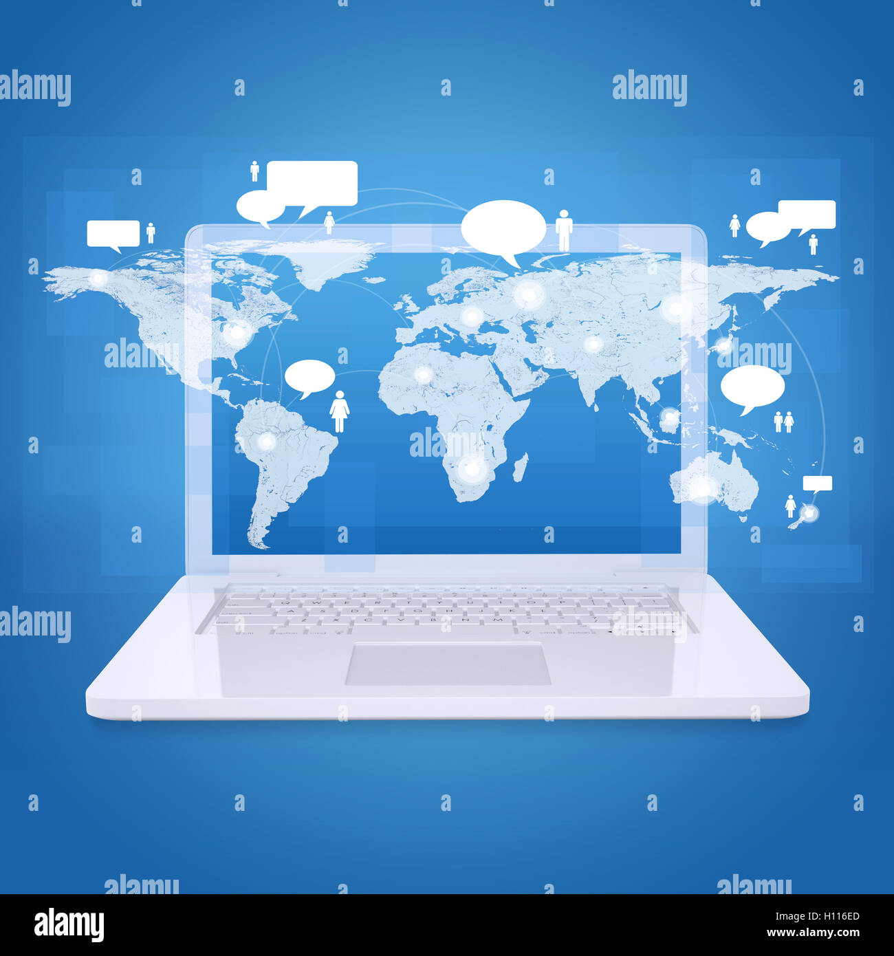 Laptop and world map with contacts Stock Photo - Alamy