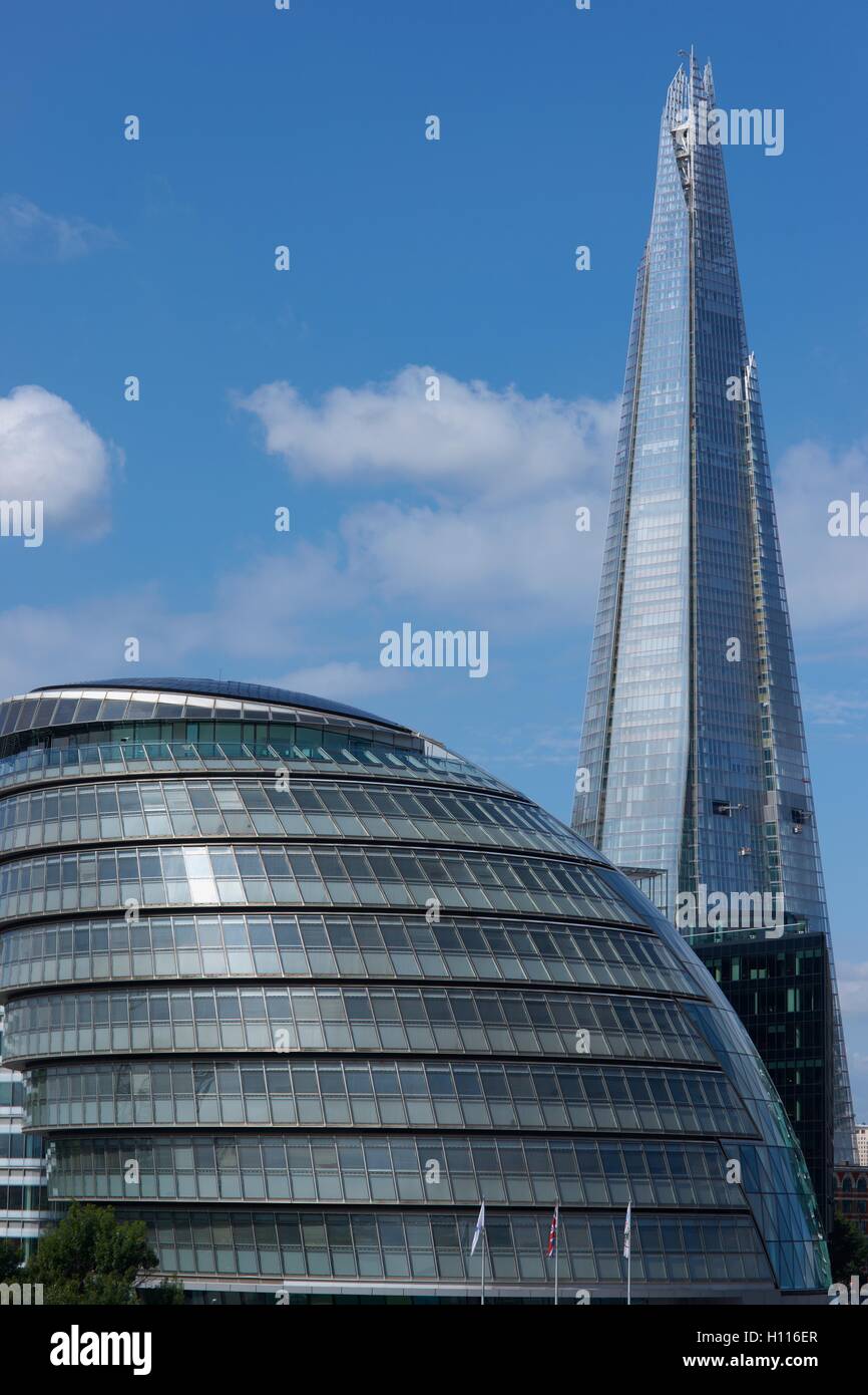 Iconic modern buildings on the south bank of the River Thames in London ...