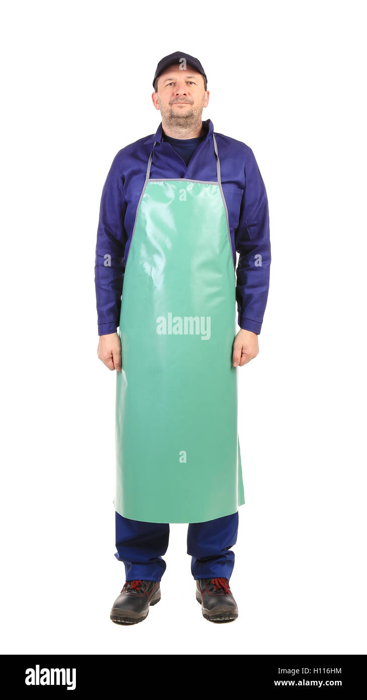Worker wearing blue apron Stock Photo - Alamy