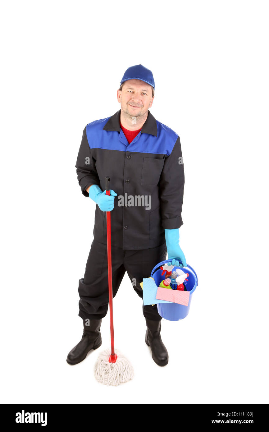 Man with mop and cleaning supplies Stock Photo - Alamy