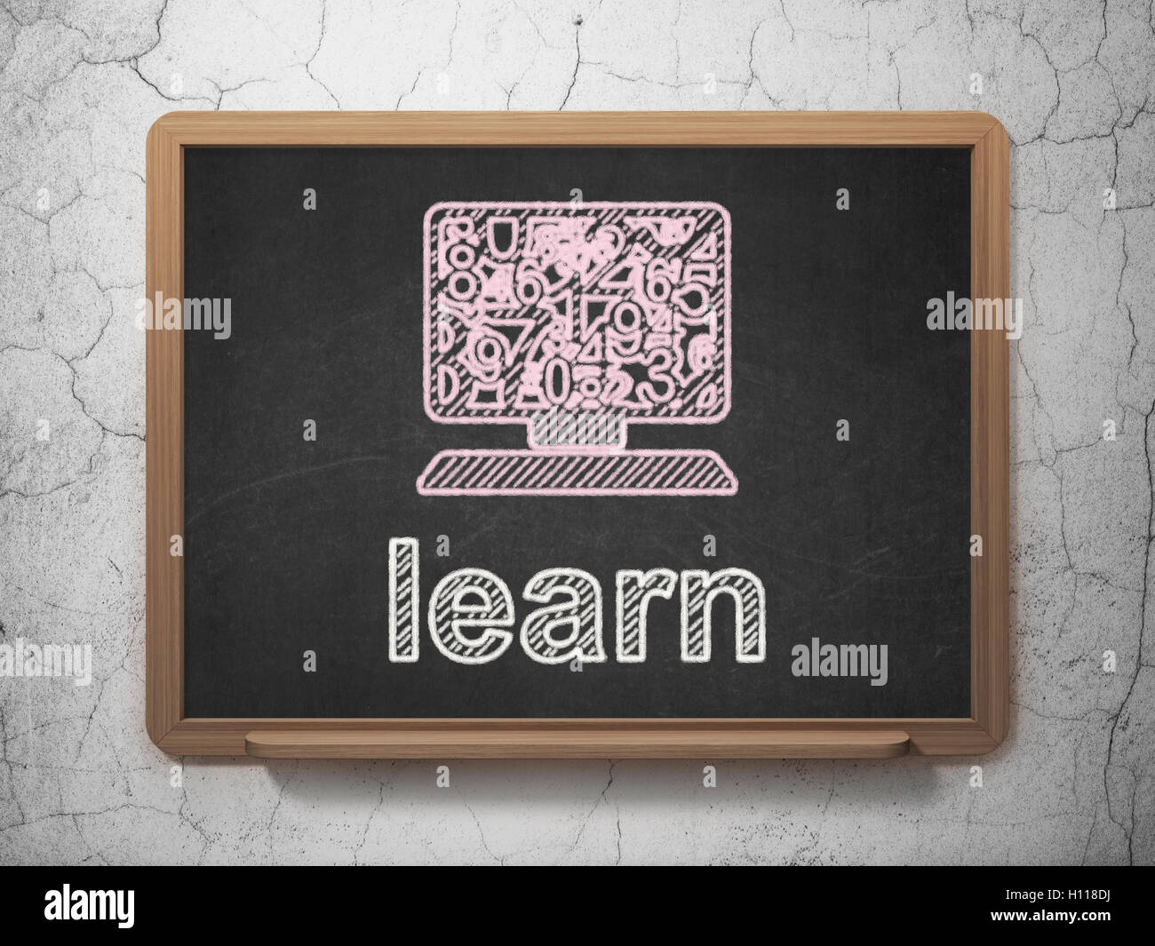 Education concept: Computer Pc and Learn on chalkboard background Stock ...