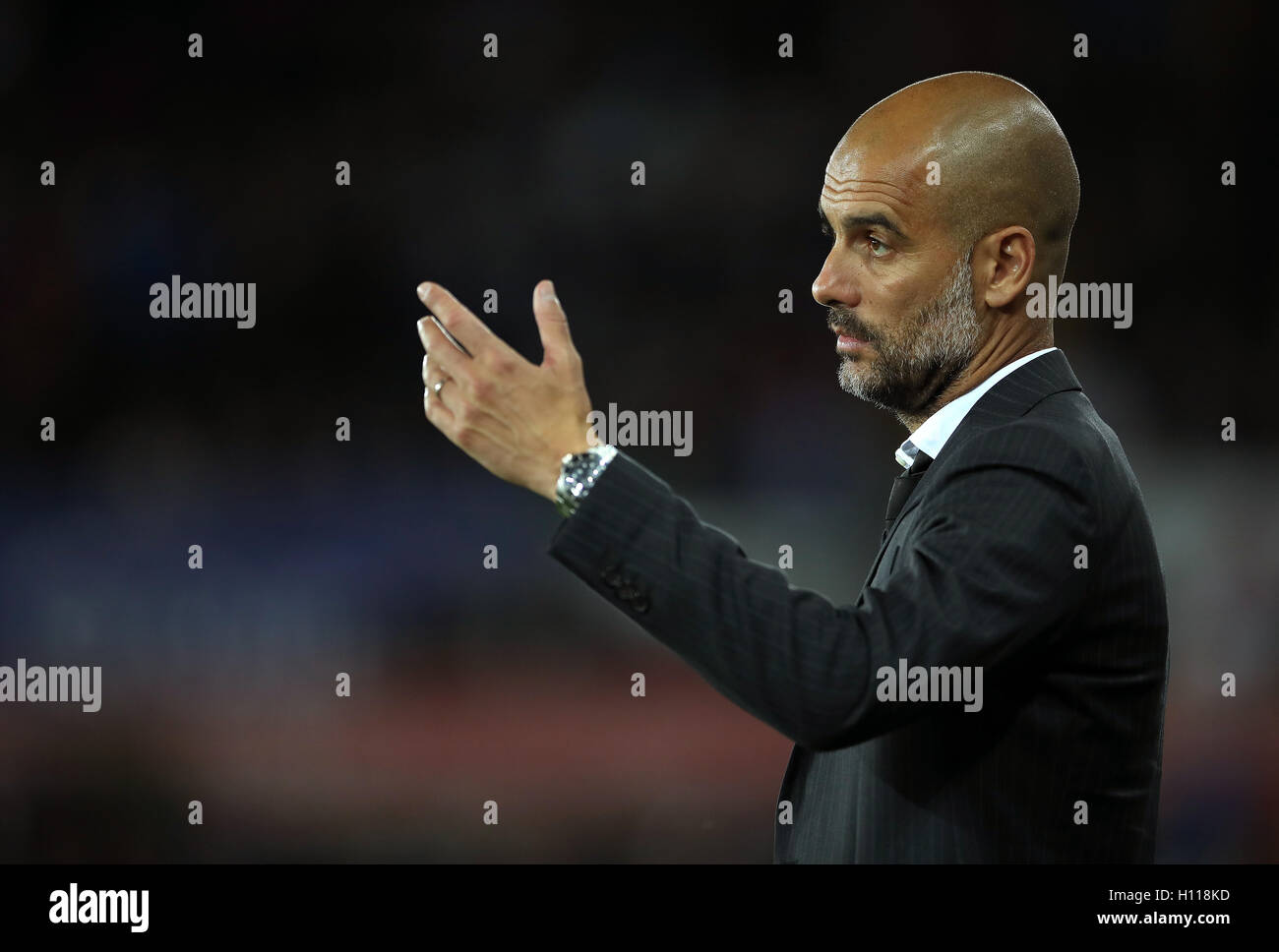 Manchester City manager Pep Guardiola gestures on the touchline during ...