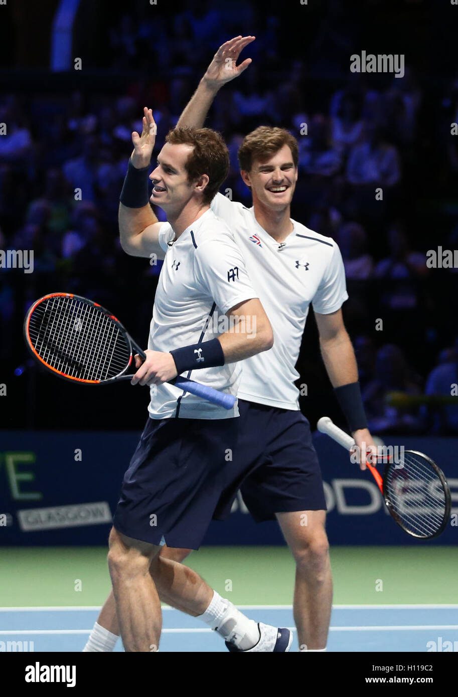 Andy (left) and Jamie Murray during the exhibition doubles match at the ...