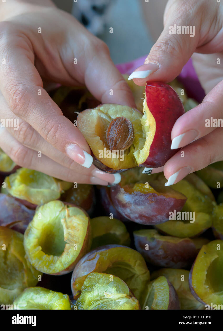 sweet plums in hand closeup Stock Photo - Alamy
