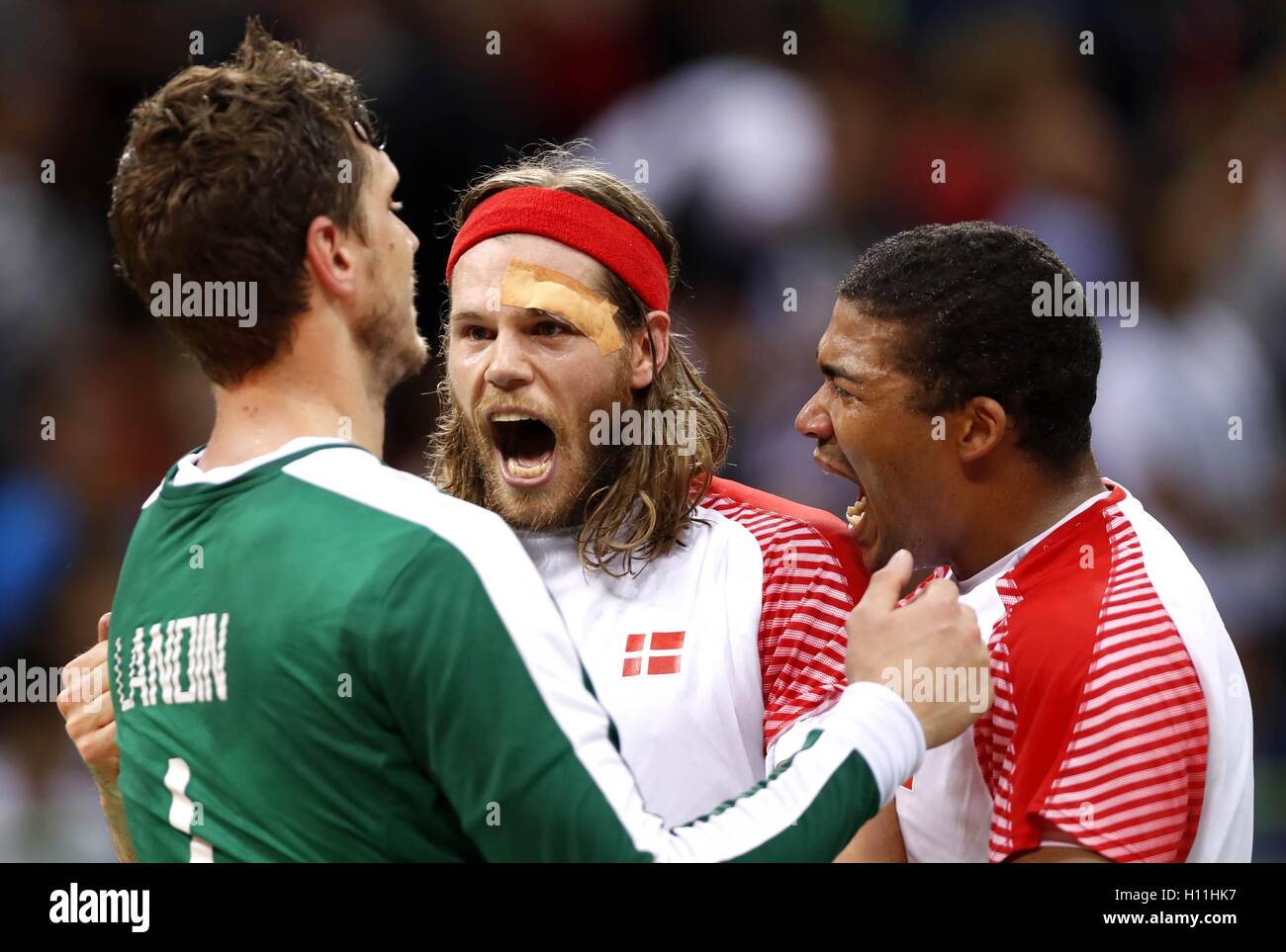 Mikkel Hansen (centre) celebrates with his Denmark teammates after they ...