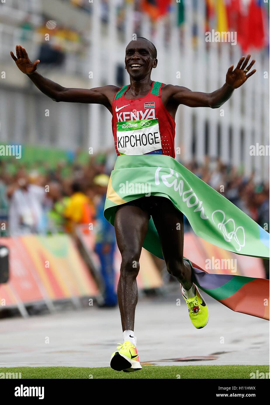 Eliud Kipchoge of Kenya celebrates after winning the men's marathon at ...