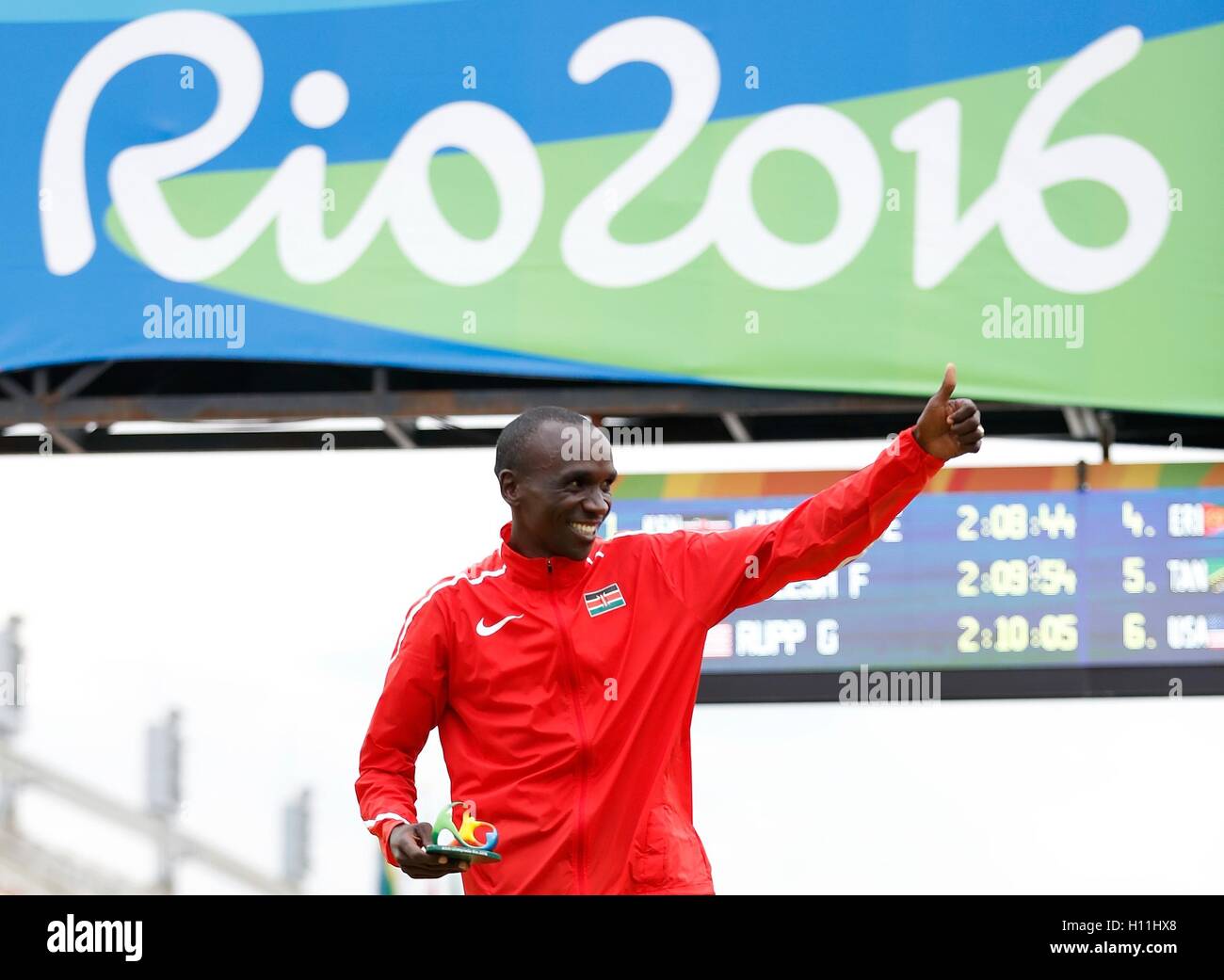 Eliud Kipchoge of Kenya celebrates after winning the men's marathon at ...