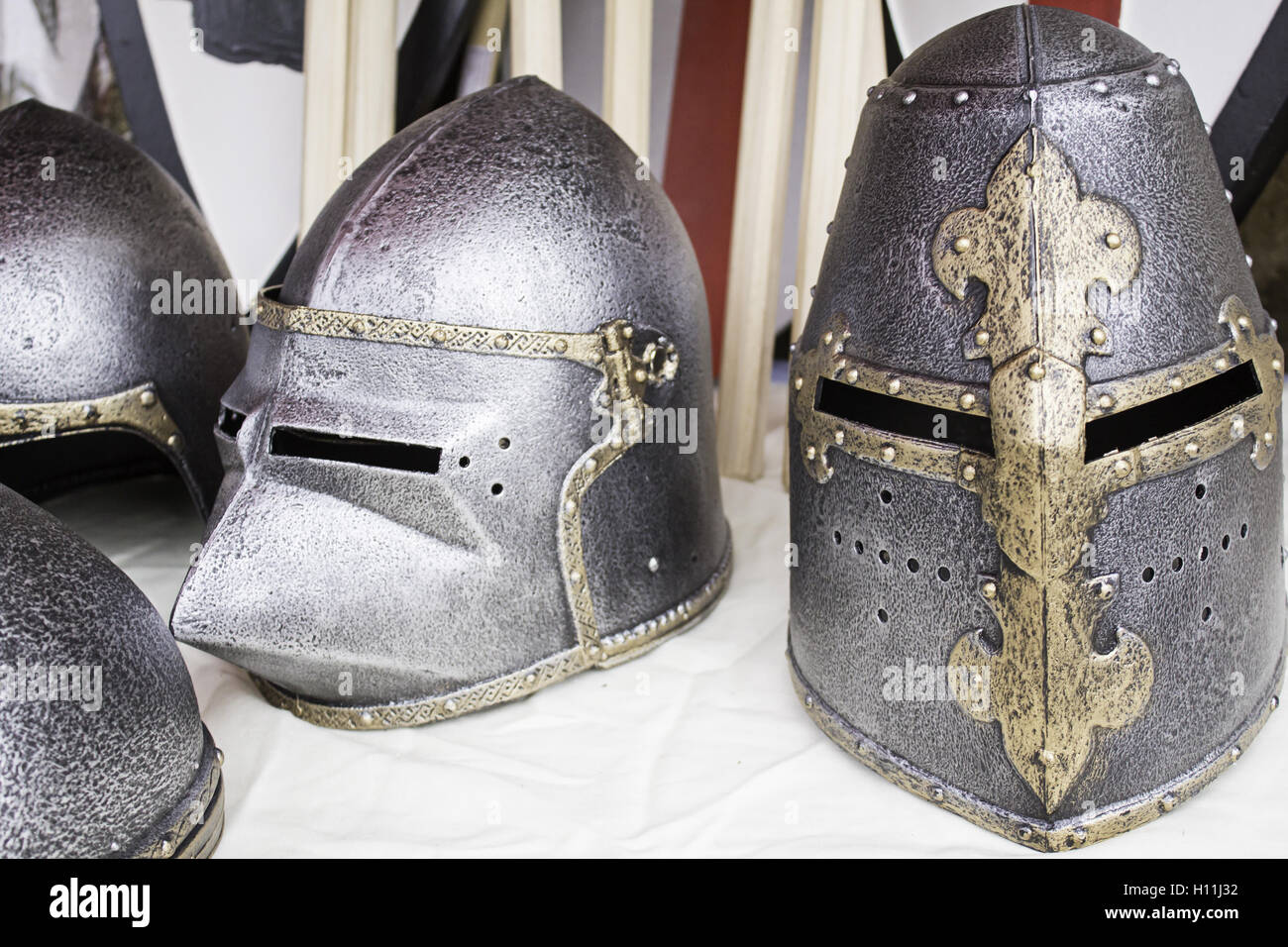 Medieval Helmets made ??of steel and iron, history Stock Photo - Alamy