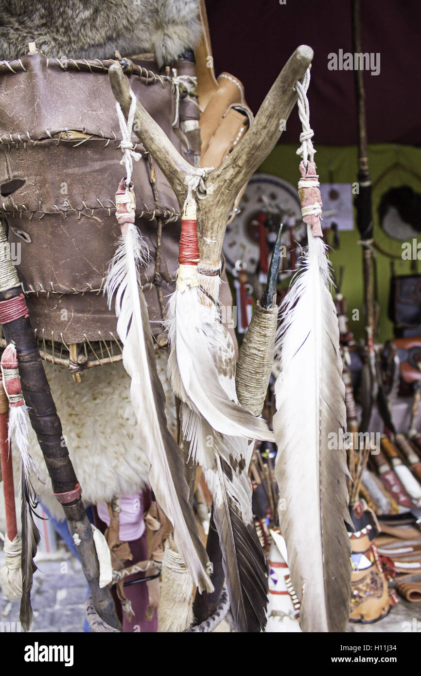 Indian wooden weapons and skin in celebration, culture Stock Photo - Alamy
