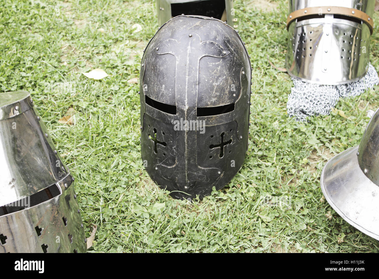 Medieval Helmets made ??of steel and iron, history Stock Photo - Alamy
