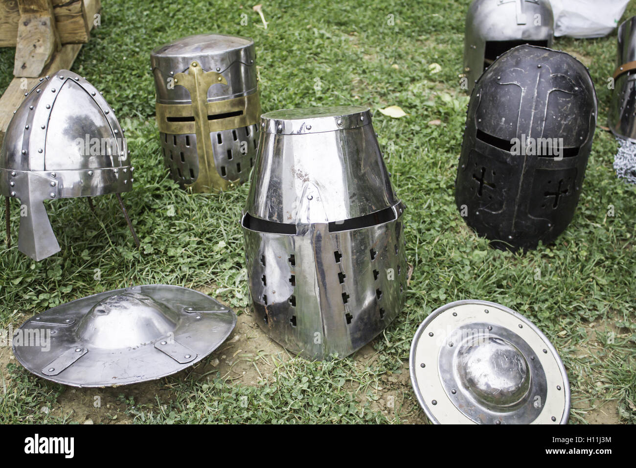 Medieval Helmets made ??of steel and iron, history Stock Photo - Alamy