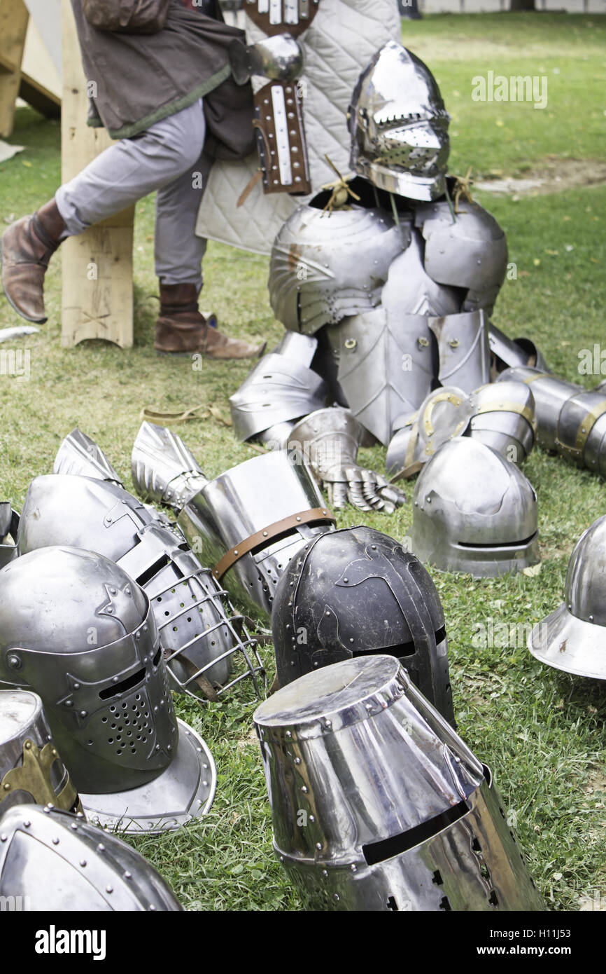 Medieval Helmets made of steel and iron, history Stock Photo - Alamy