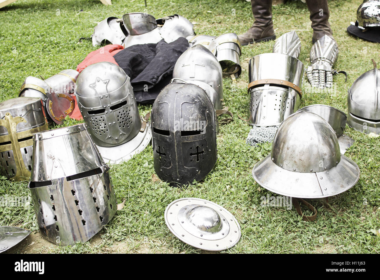 Medieval Helmets made of steel and iron, history Stock Photo - Alamy