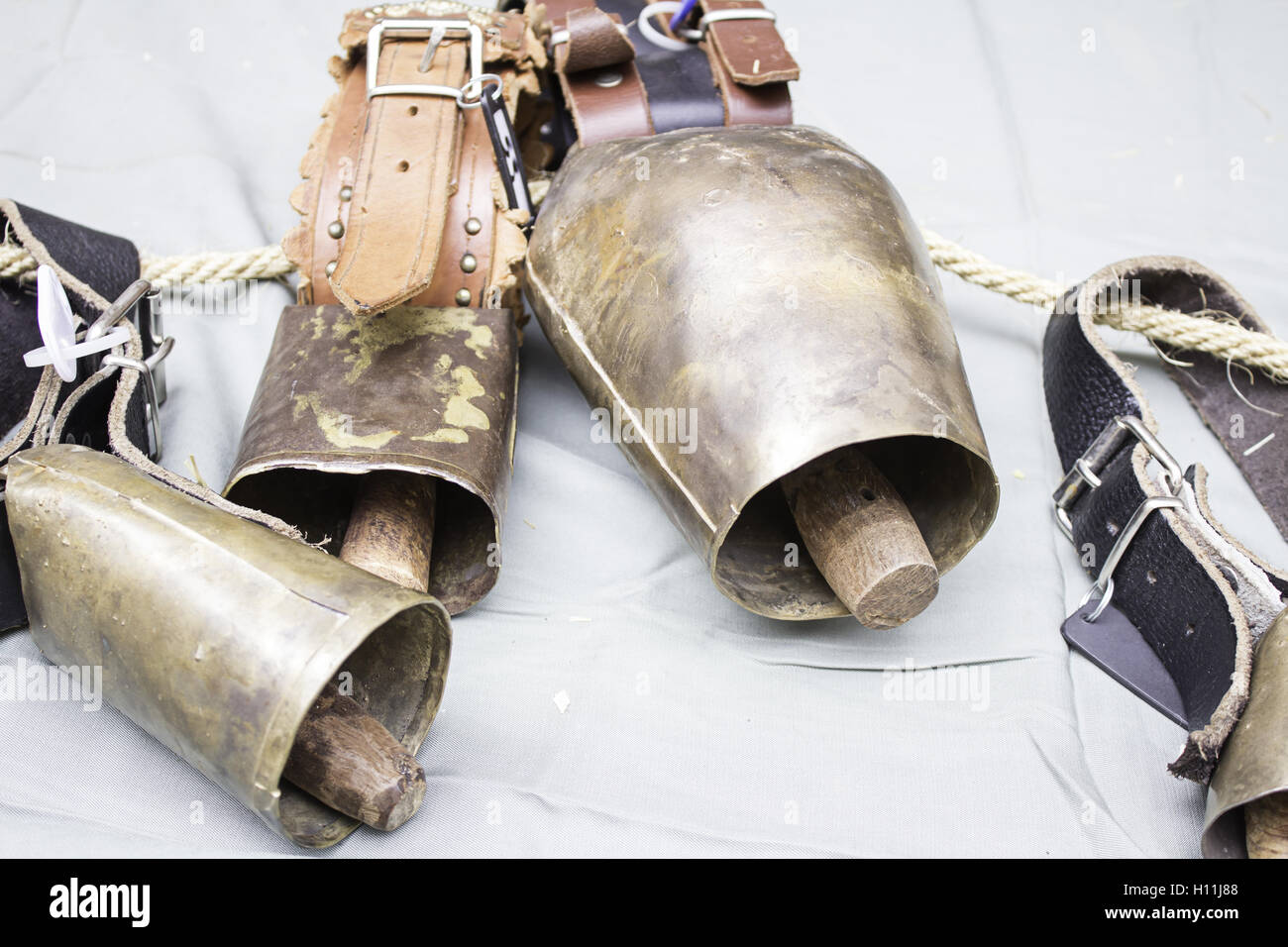 Old golden bells and clapper decoration objects Stock Photo - Alamy