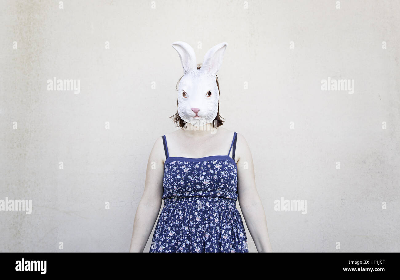Girl in halloween rabbit mask, fear and terror Stock Photo - Alamy