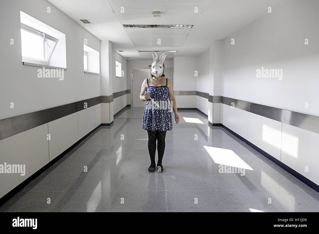 Girl in halloween rabbit mask, fear and terror Stock Photo - Alamy