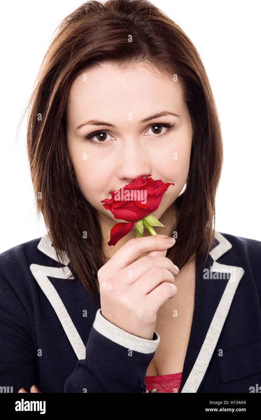Lovely young girl with a beautiful red rose Stock Photo - Alamy