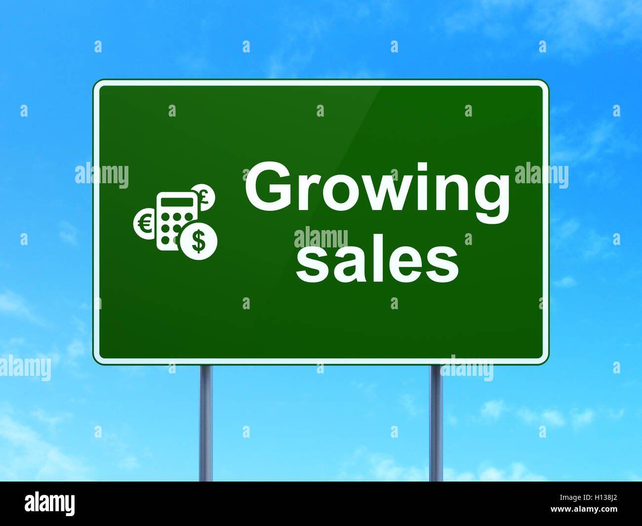 Finance concept: Growing Sales and Calculator on road sign background ...