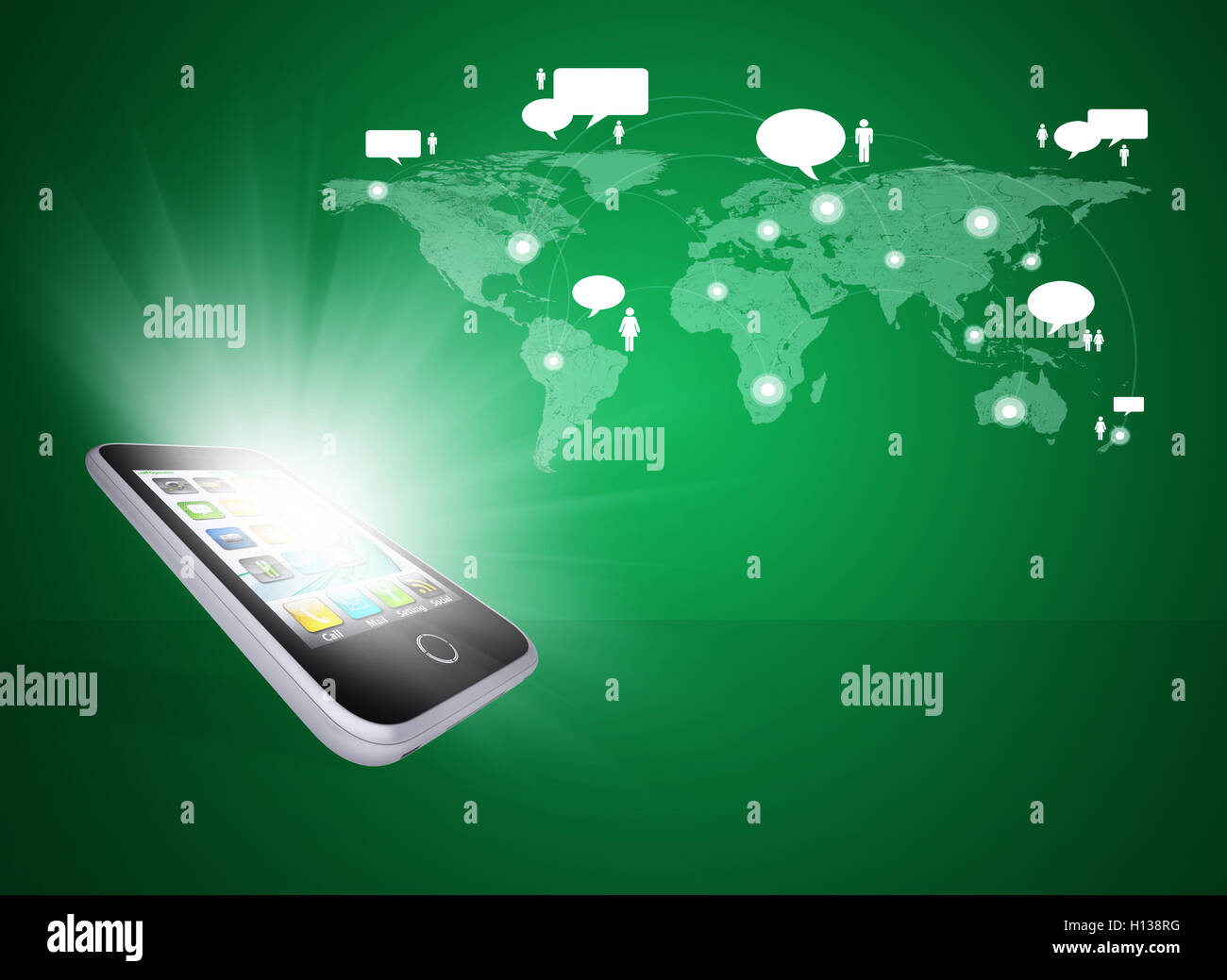 Smartphone and world map with contacts Stock Photo - Alamy