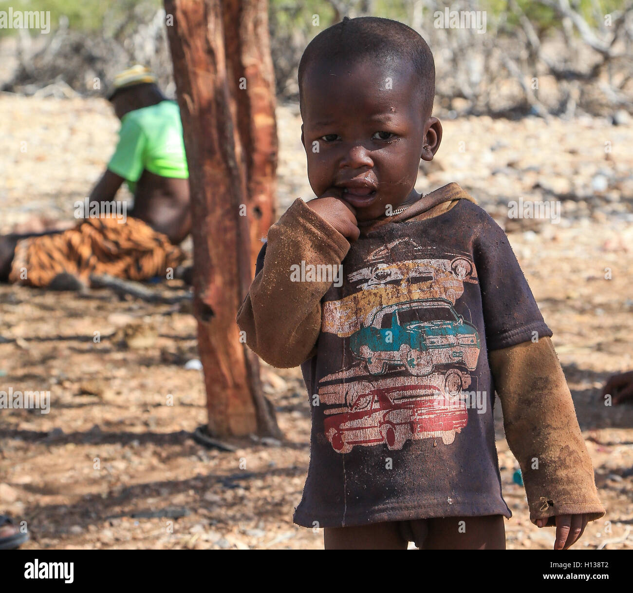Young Himba boy poses in his village in the Kunene region of Namibia ...