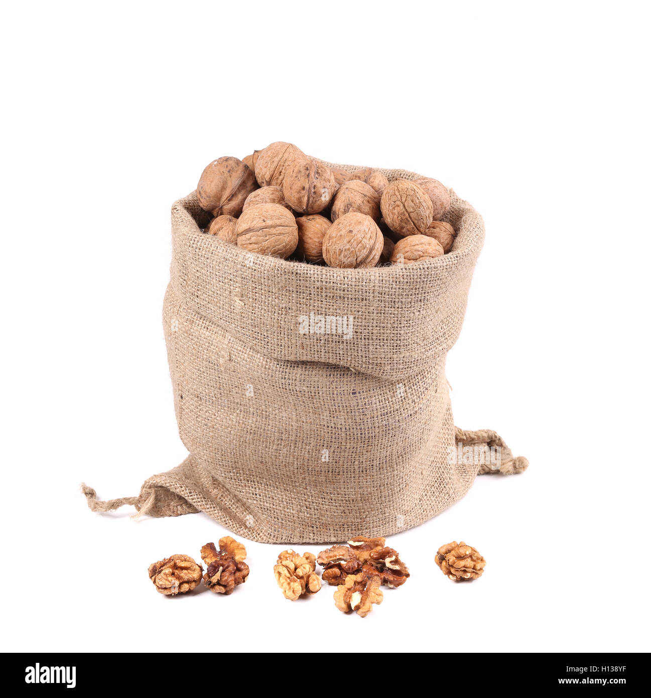 Sack full of walnuts. Close up Stock Photo - Alamy