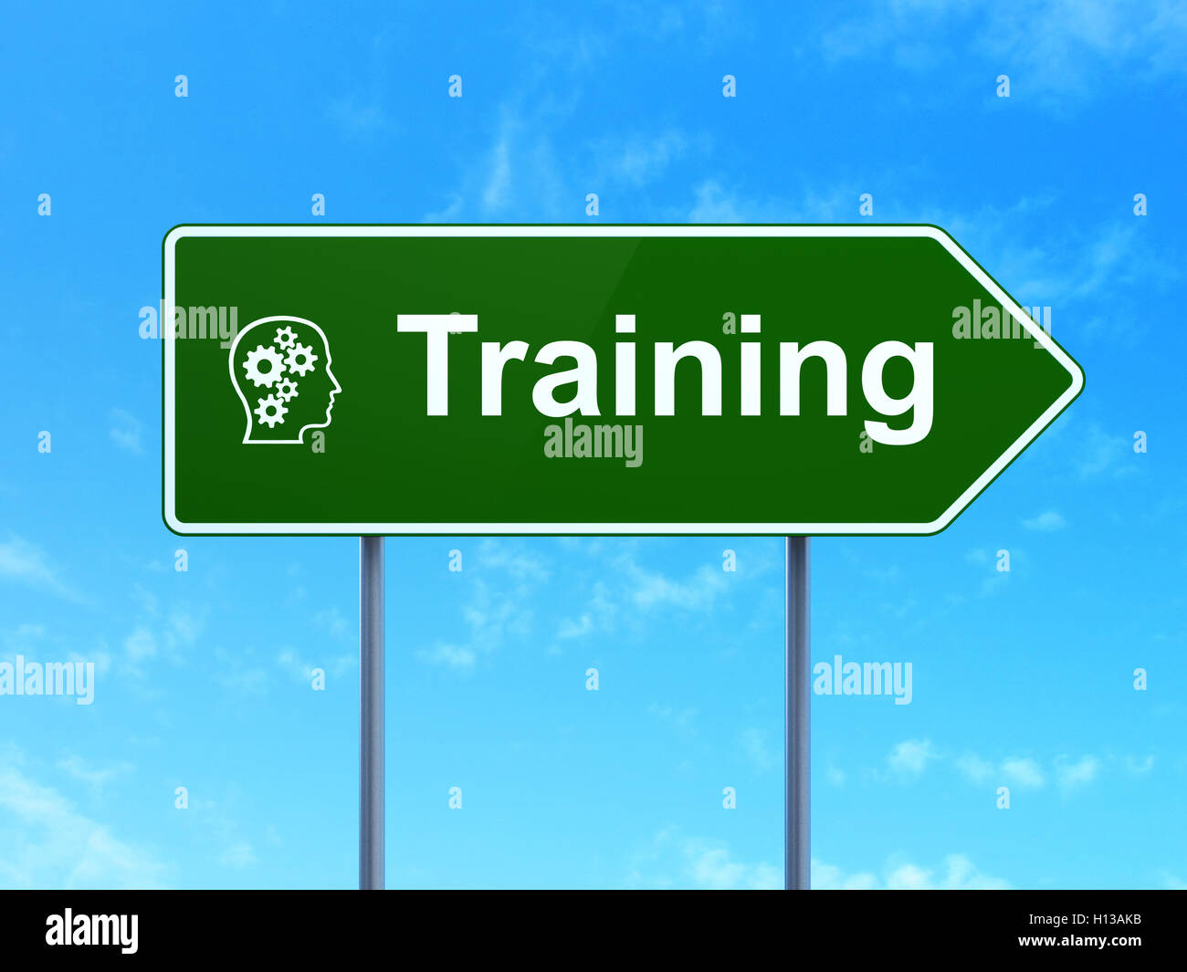 Education concept: Training and Head With Gears on road sign background ...
