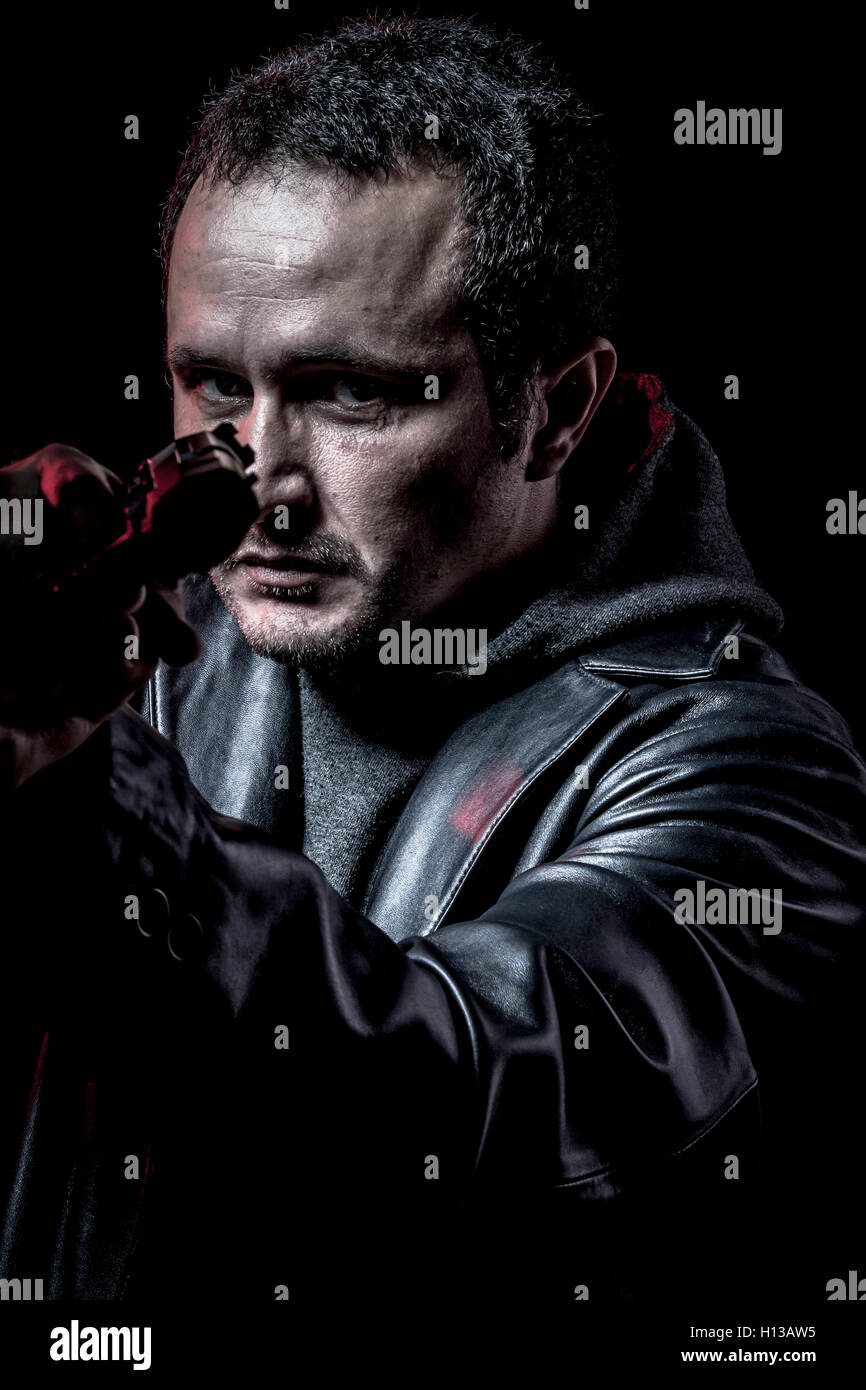 Security, thief, armed man with black leather jacket, dangerous Stock ...