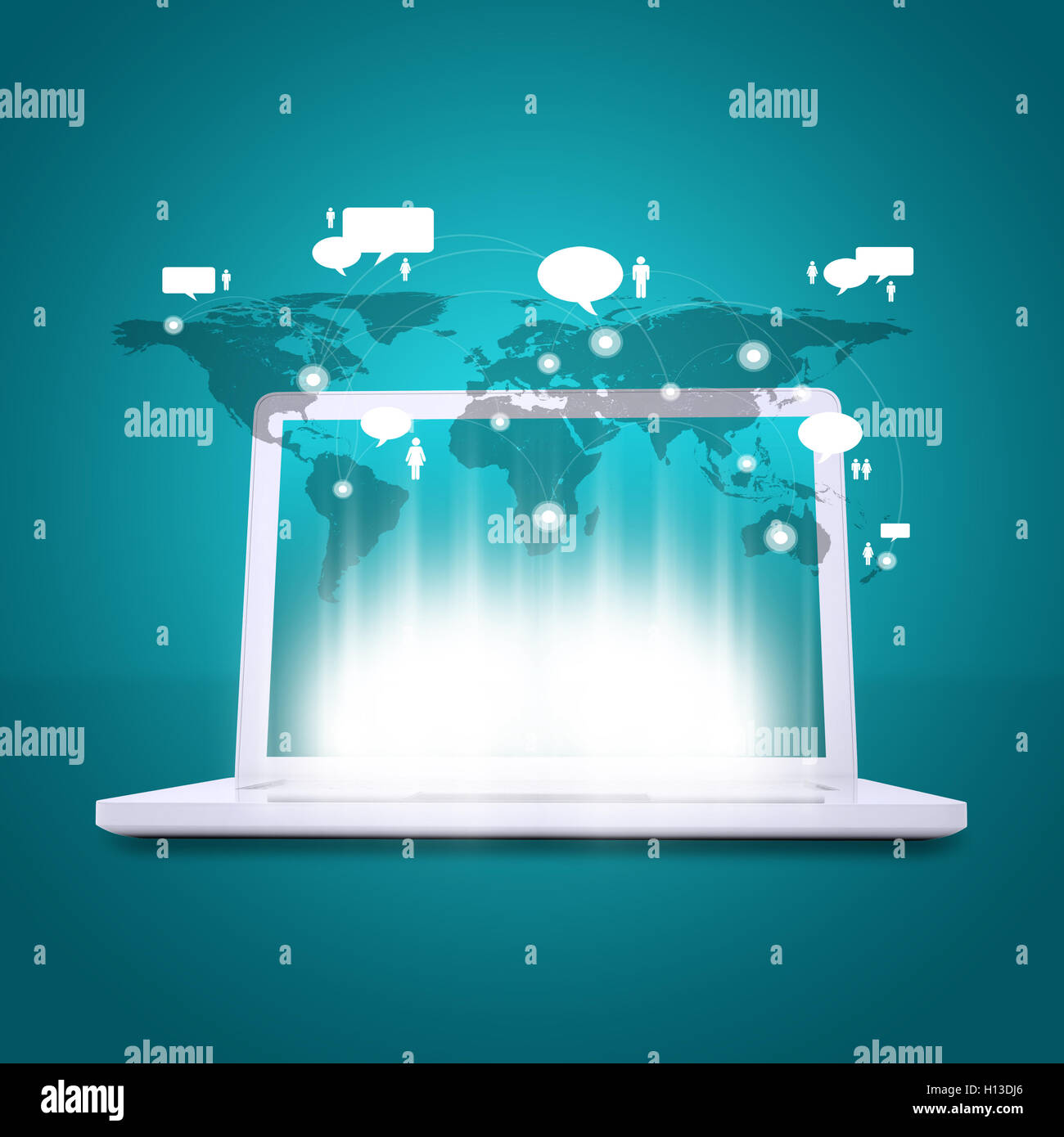 Laptop and world map with contacts Stock Photo - Alamy