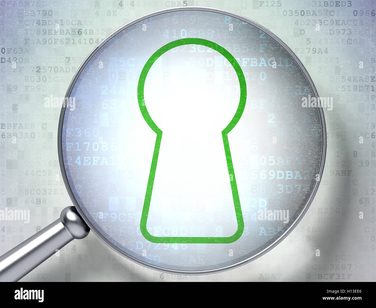 Information concept: Keyhole with optical glass on digital background ...