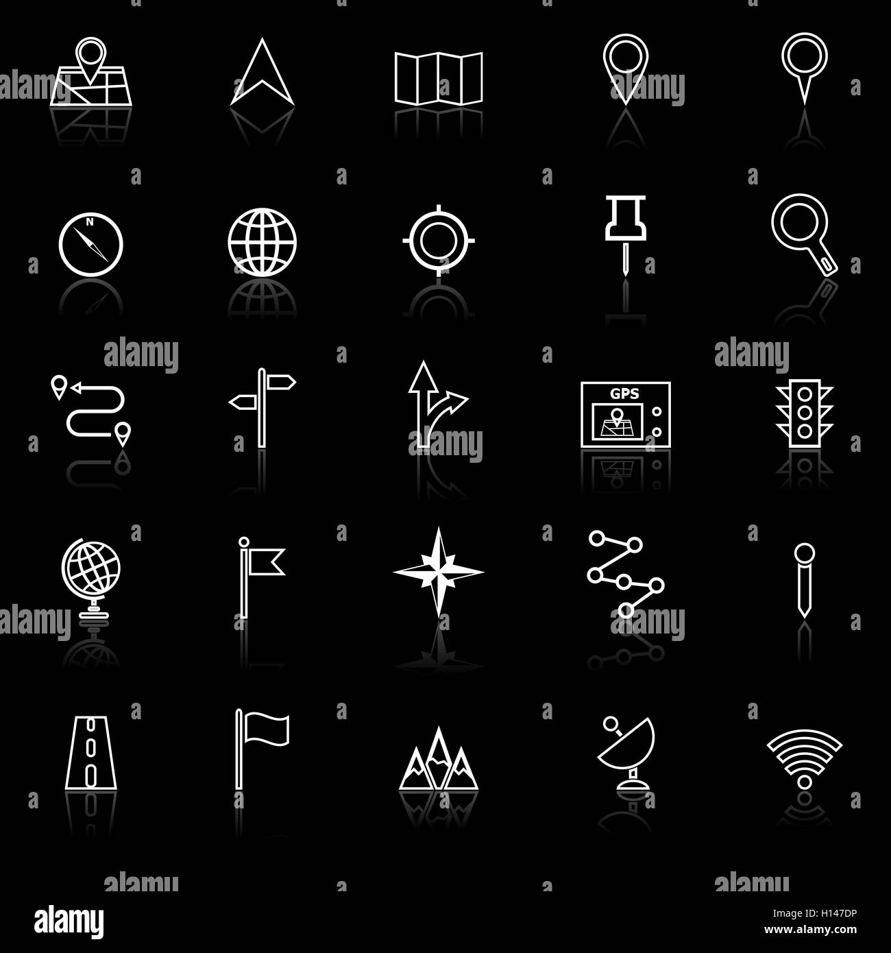Navigation line icons with reflect on black background, stock vector ...