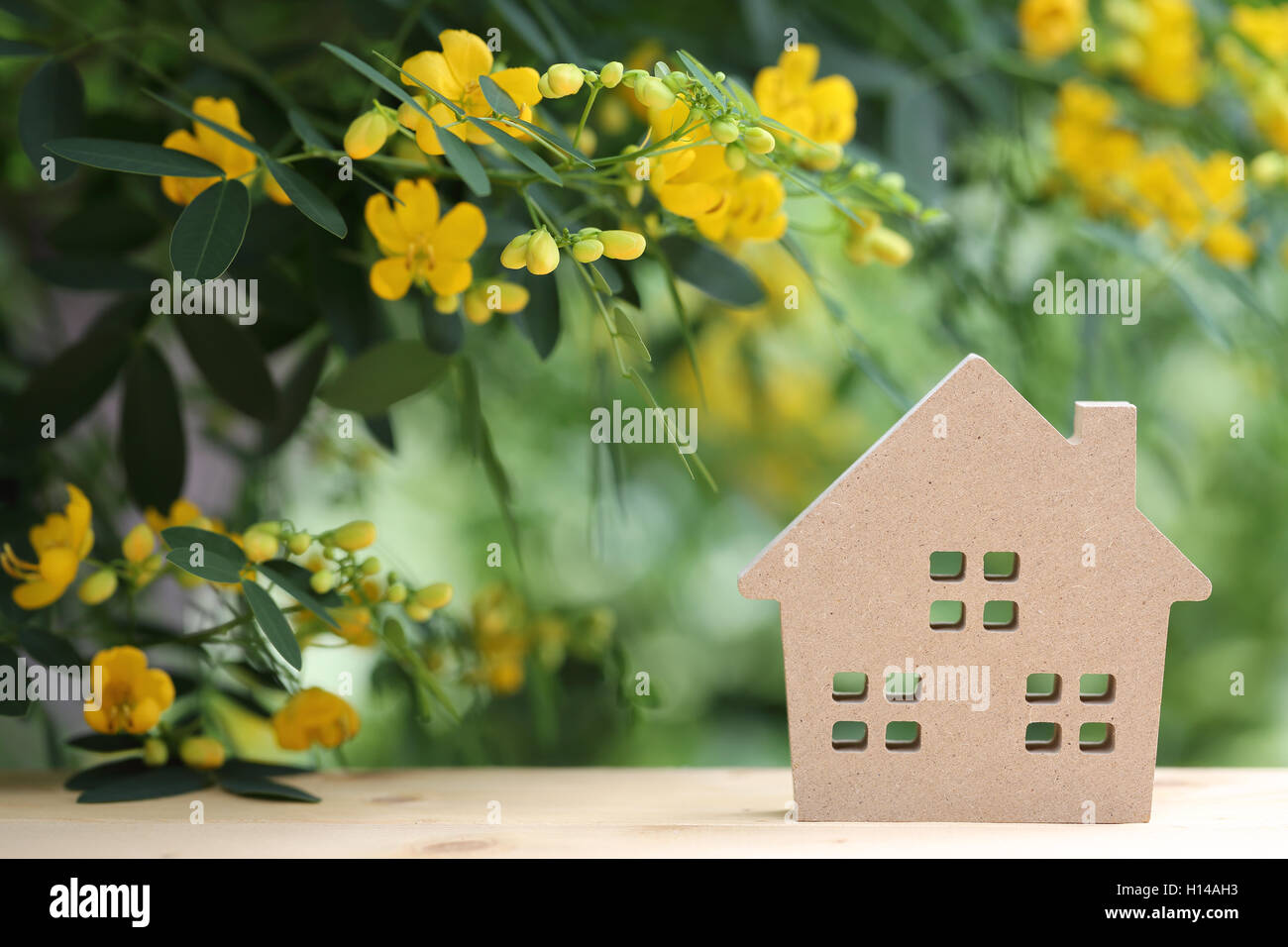 wooden toy house with beautiful blossom tree Stock Photo - Alamy
