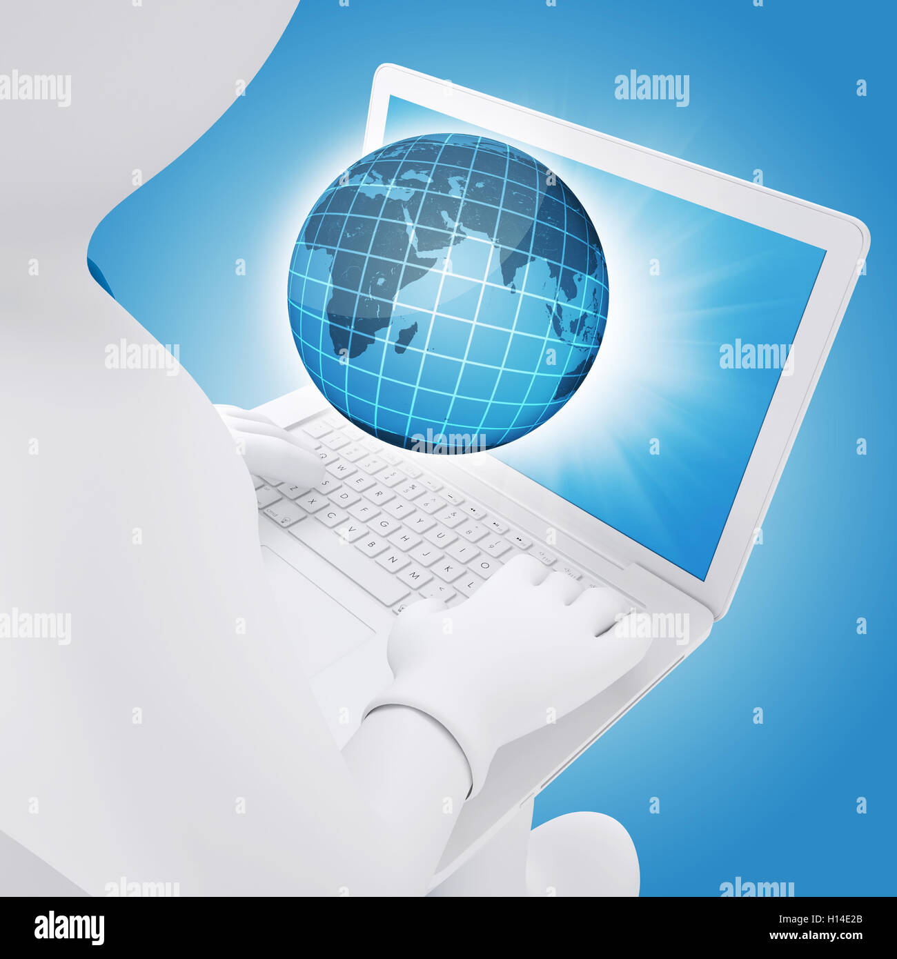 3d white man sitting with a laptop Stock Photo - Alamy