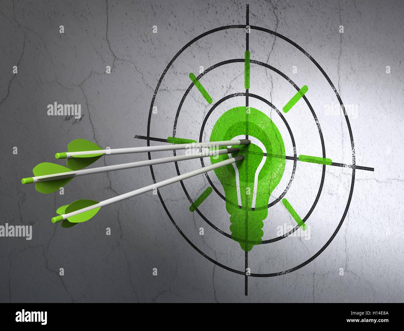 Finance concept: arrows in Light Bulb target on wall background Stock ...