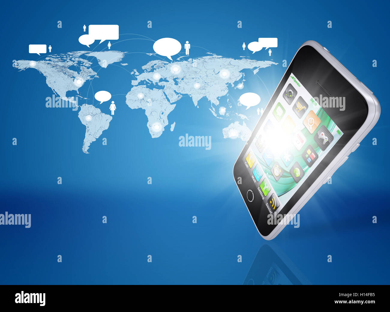 Smartphone and world map with contacts Stock Photo - Alamy