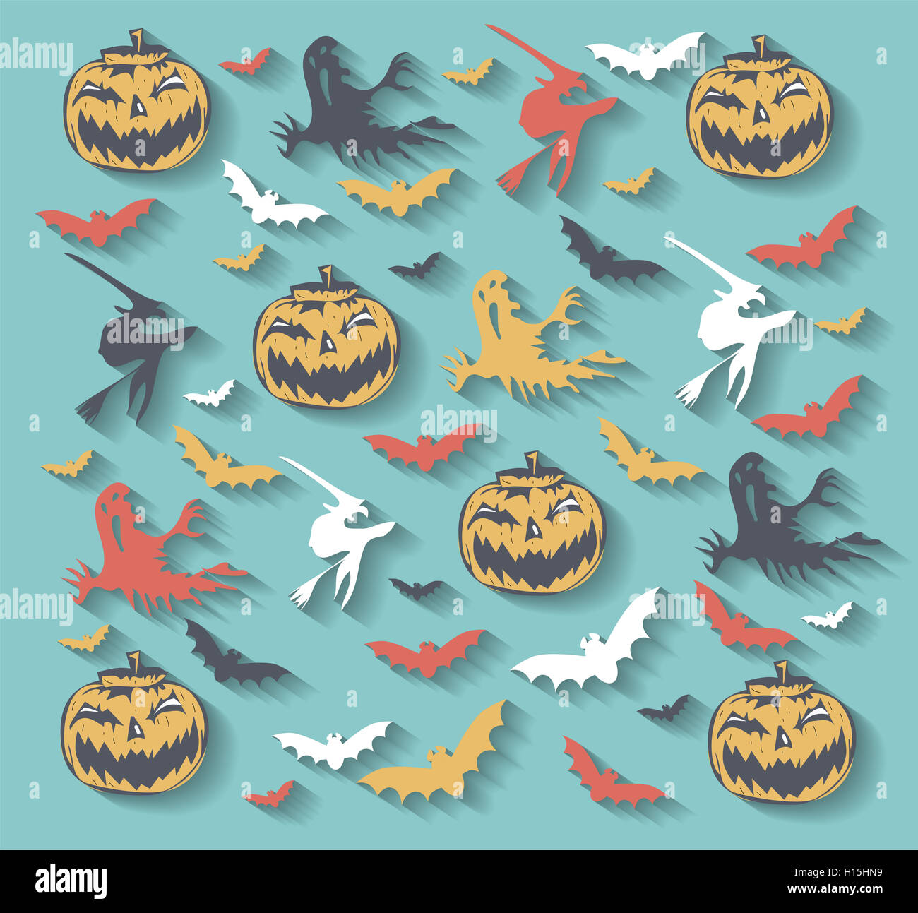 Happy Halloween background with pumpkins, ghosts and bats shadow Stock ...
