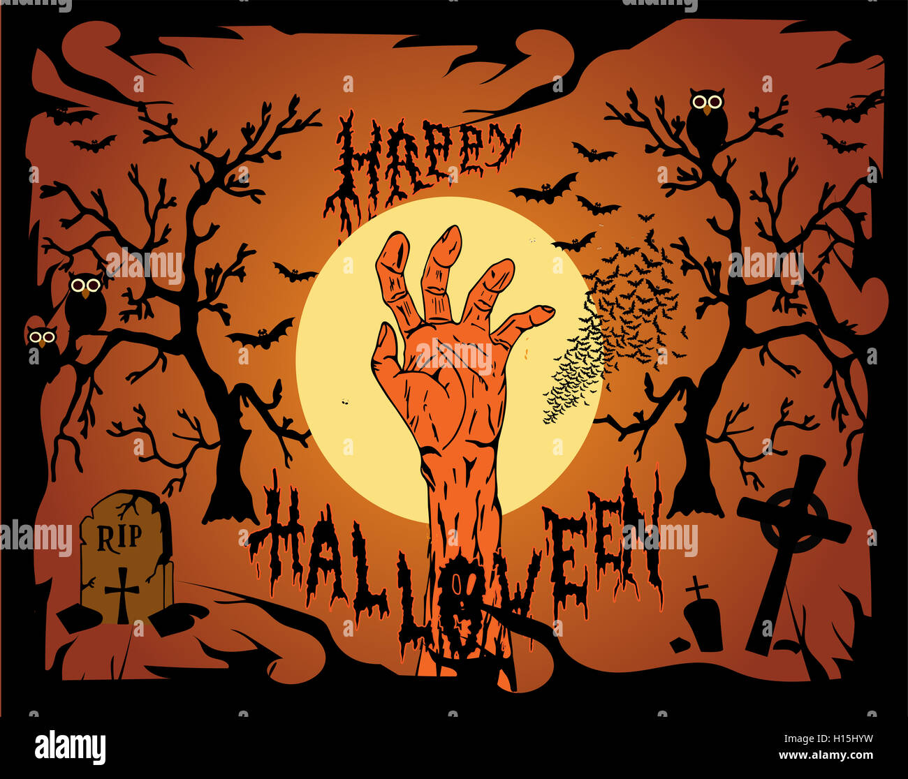 Happy Halloween background with human hand, orange color illustration ...