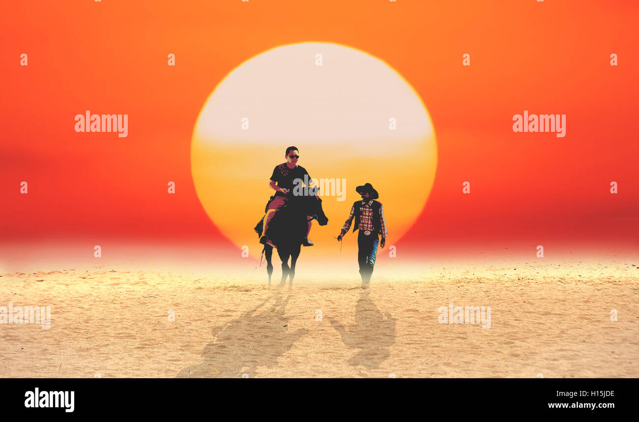 Asian man dressed as a cowboy Tour riders use graphics sunrise red ...
