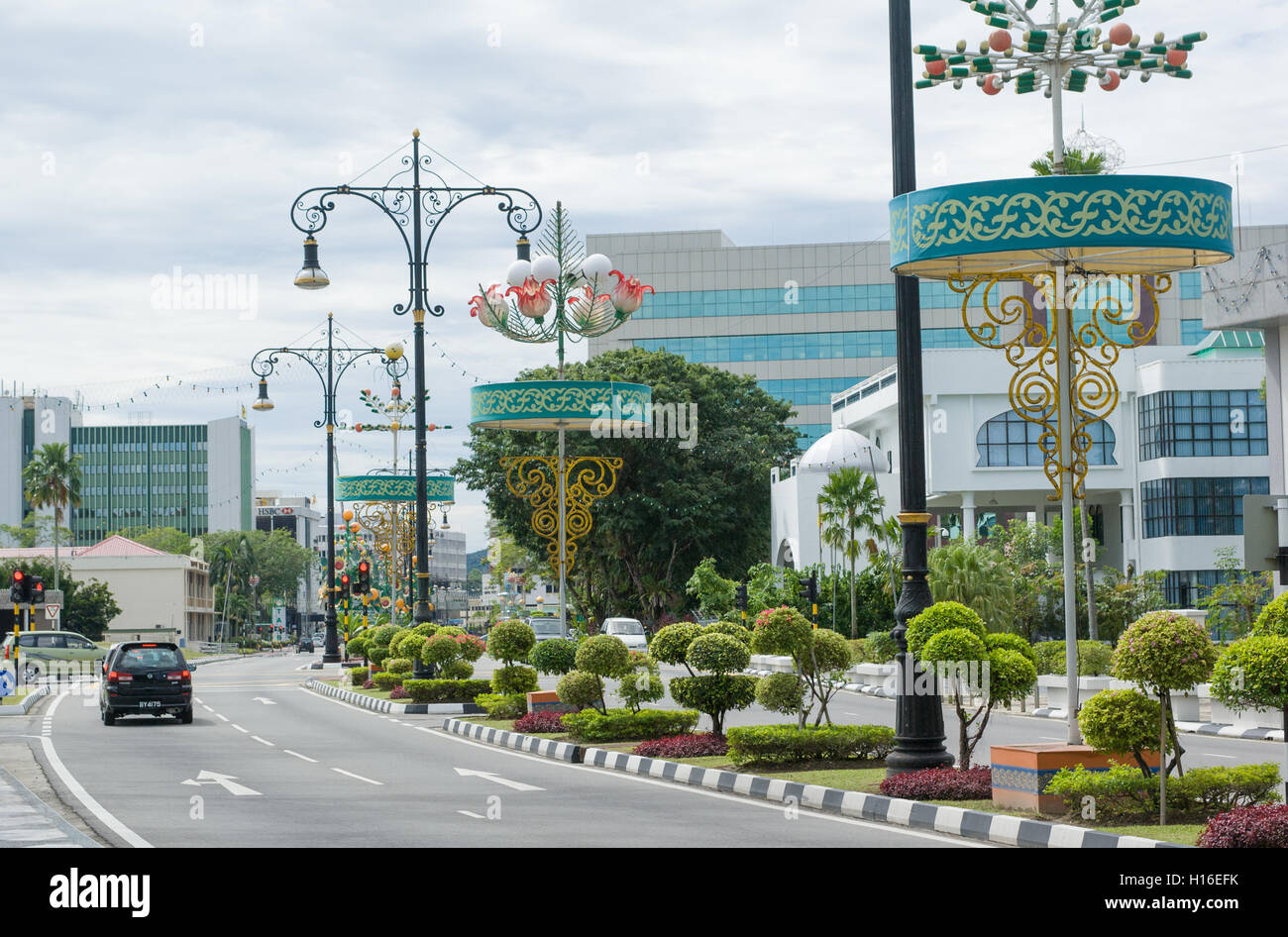 Bandar Seri Begawan with beautiful street lamps and topiary gardens ...