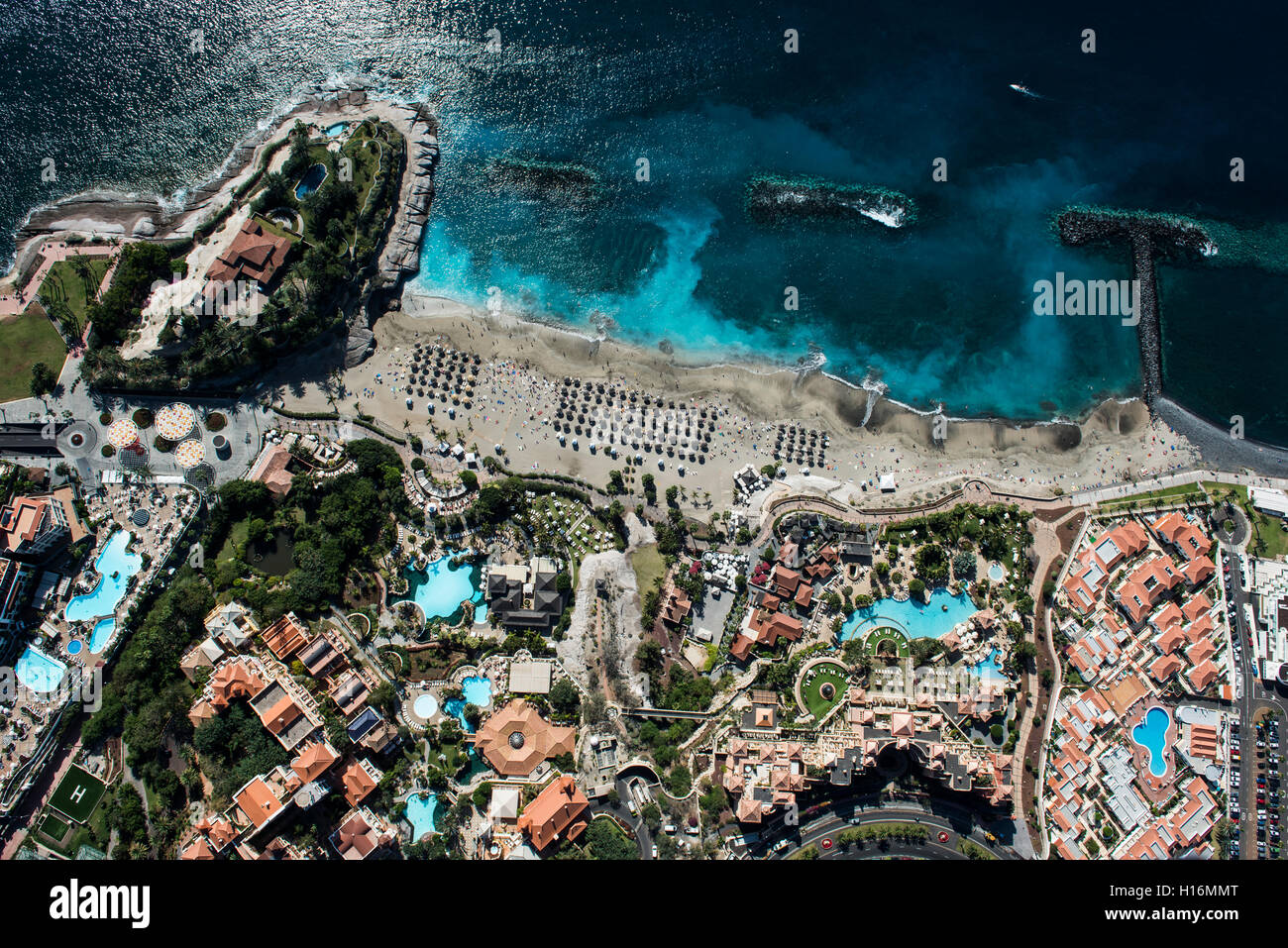 Seaside resort with beach and promenade by the sea, Playa del Duque ...