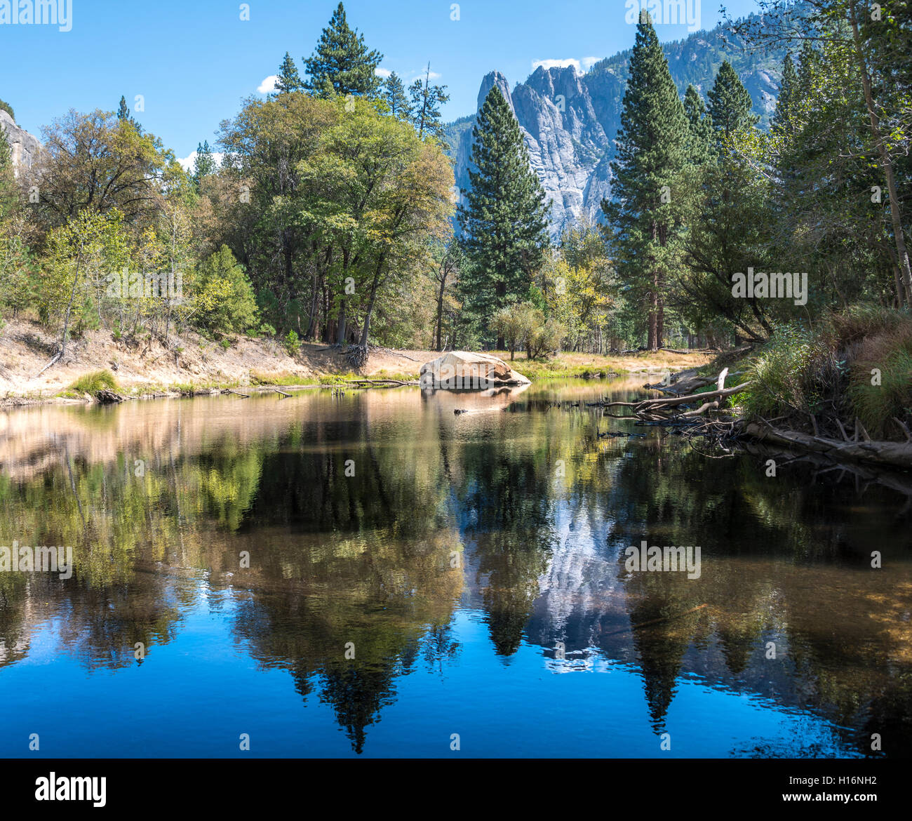 Mountains reflected in water, Merced River, Yosemite Valley, Yosemite ...