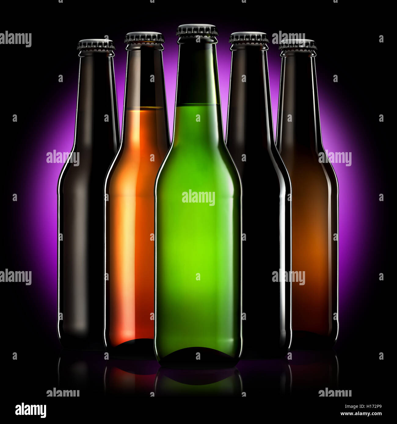 Set of beer bottles isolated on black background Stock Photo - Alamy