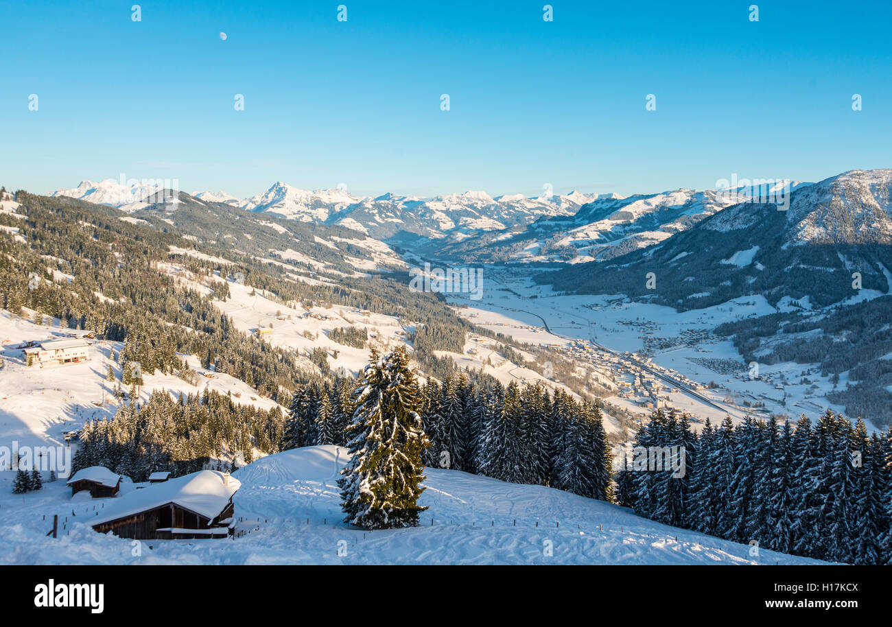 View of Alps and Inn Valley, ski resort, Brixen im Thale, Tyrol ...