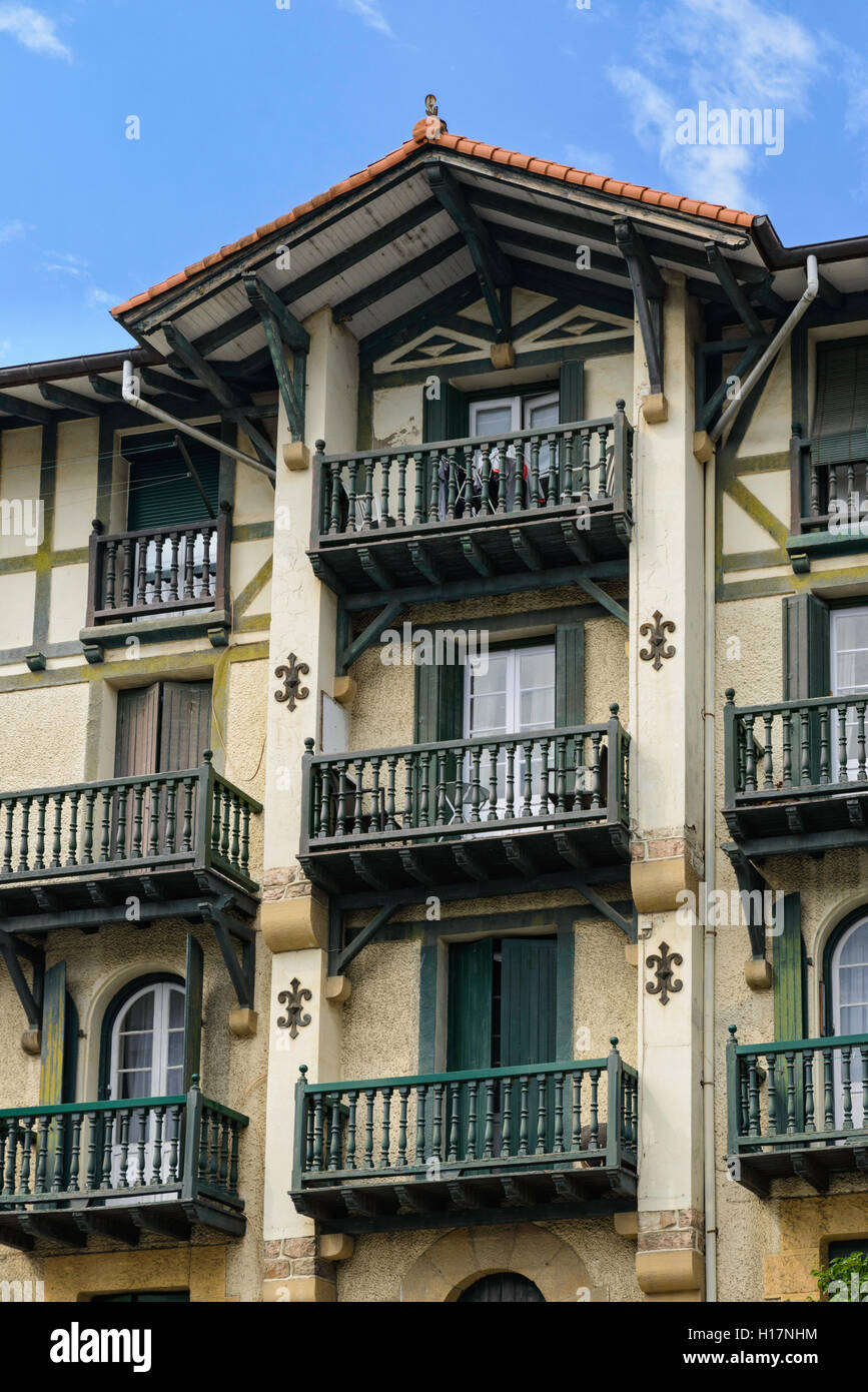 Typical Basque Country house with wooden balconies Hondarribia Gipuzkoa ...