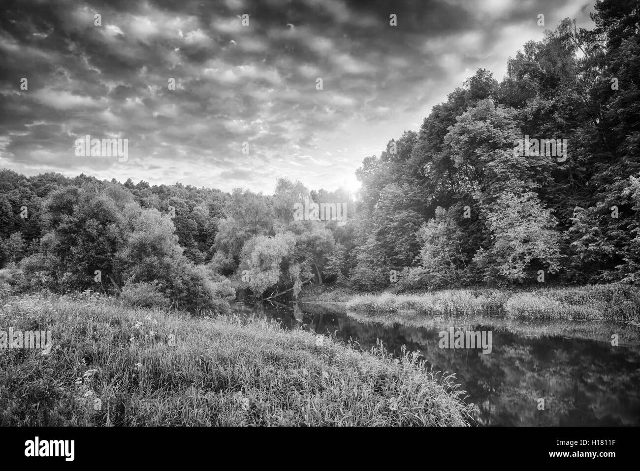 summer evening on the mountain river black and white landscape Stock ...