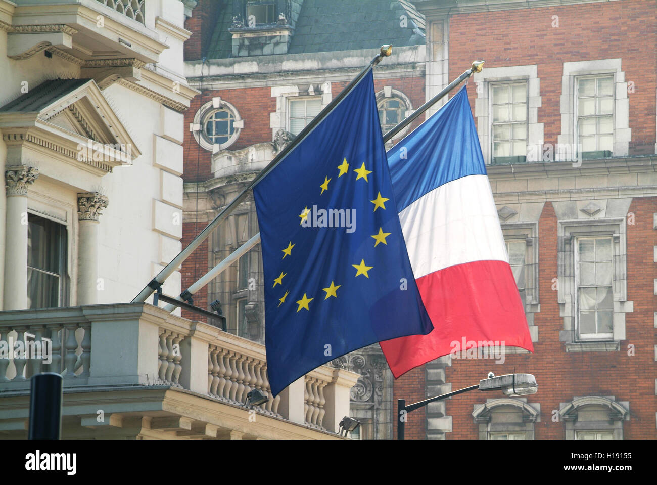 the French and the EU flags photographed in central London Stock Photo ...