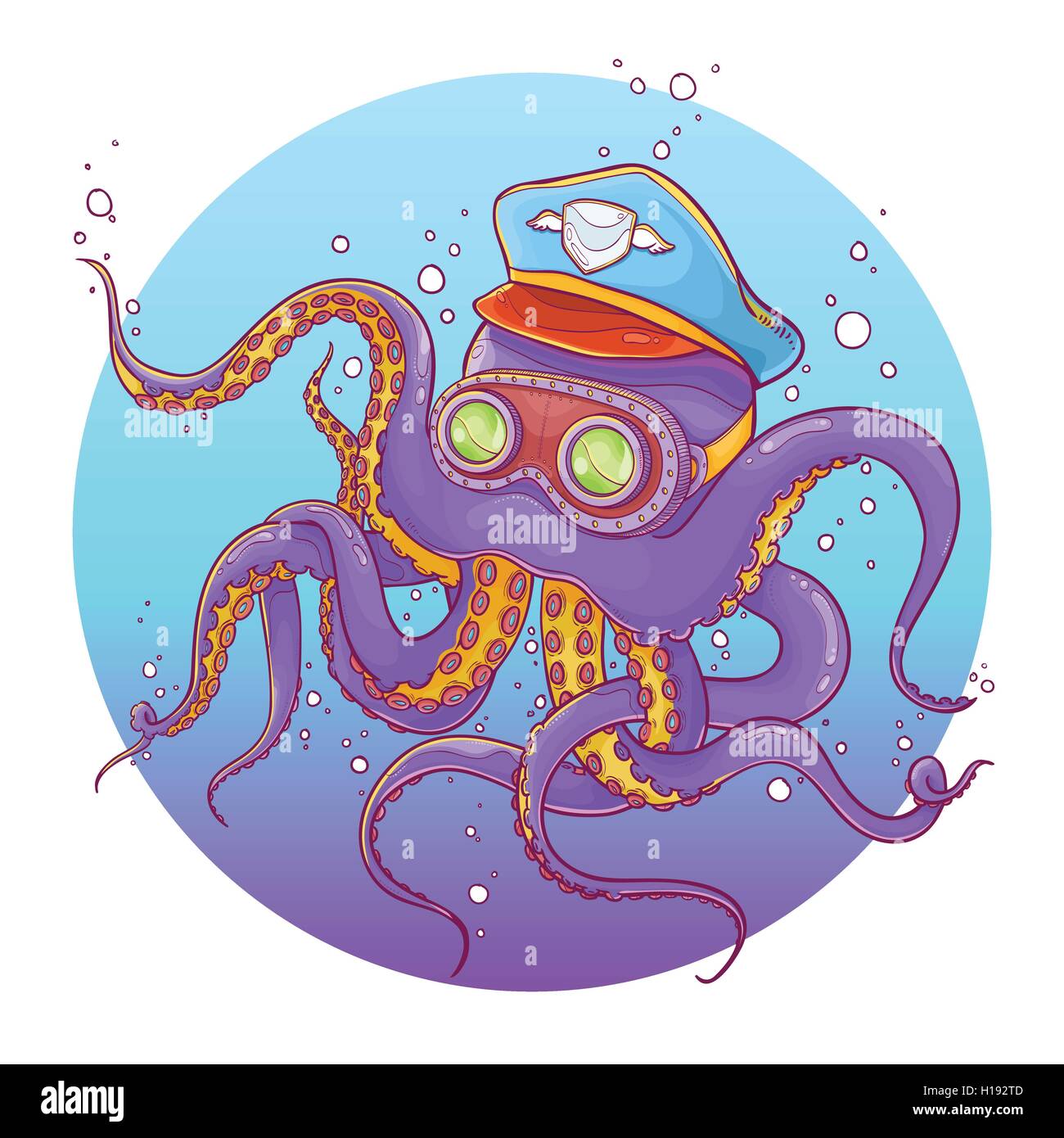 Vector Illustration of Purple Octopus Wearing Captain Hat and Steampunk ...