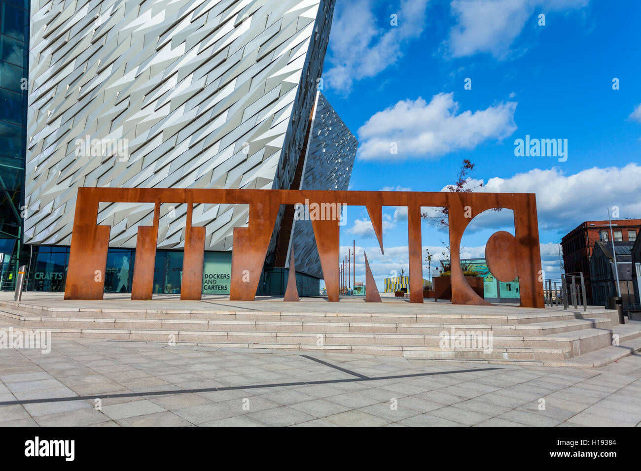 Metal Titanic sign at the Titanic Building, Belfast Stock Photo - Alamy