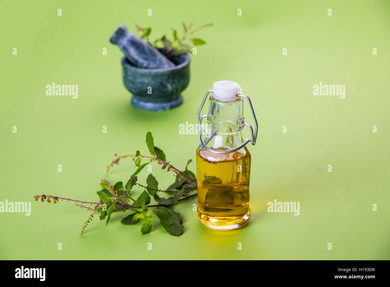 Tulsi oil or holy basil oil with Mortar and Pestle, tulsi or holy basil ...
